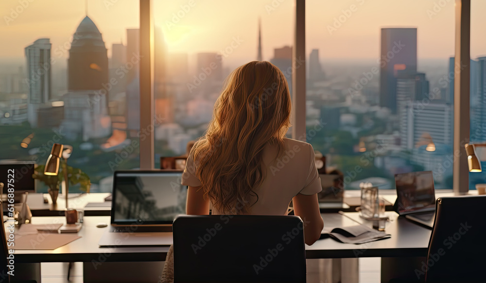 back view of women sitting apart at office table, she's working or ...