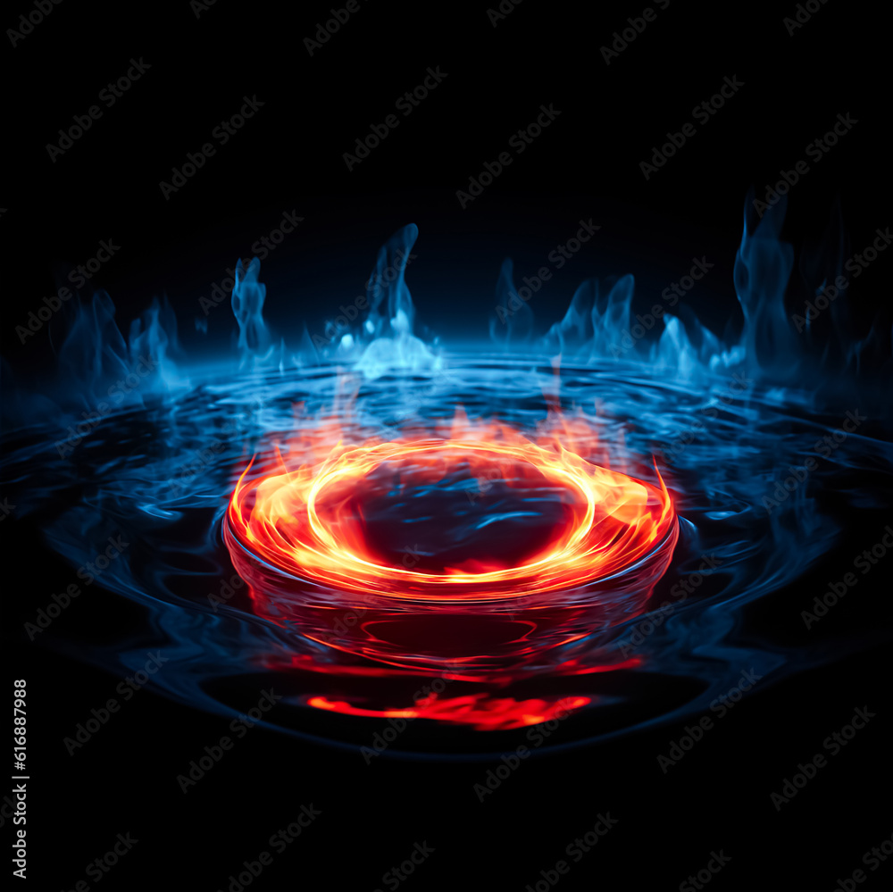 Selective focus.Fire flames, burning podium display design for create ...