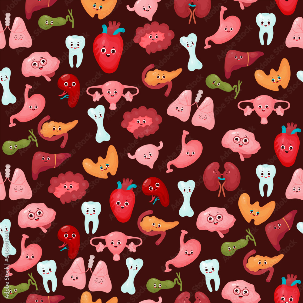 Seamless pattern with human internal organs. Cute cartoon anatomical ...