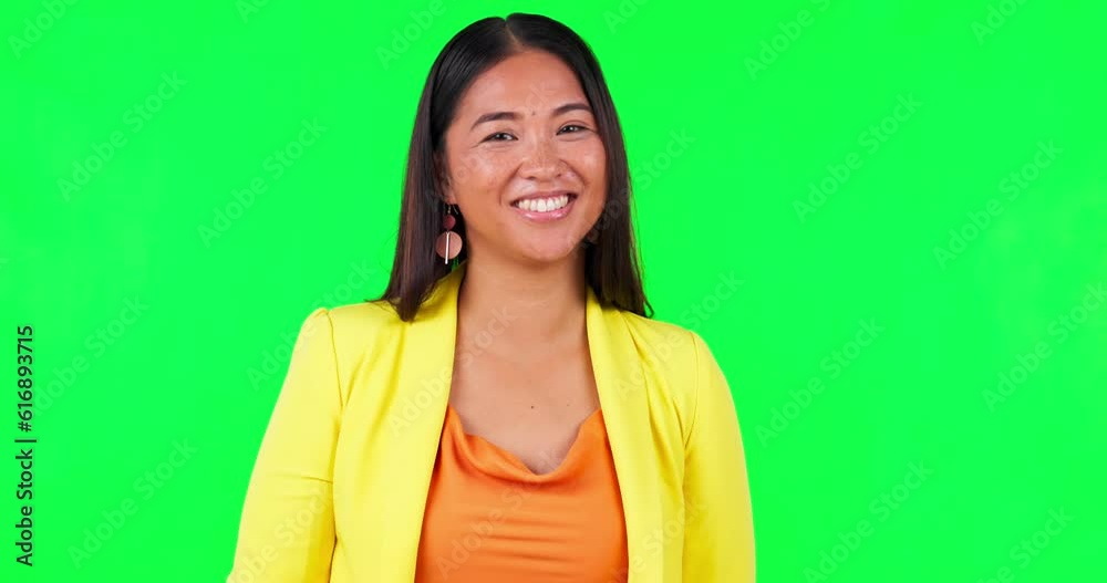 Green screen, woman face and finger pointing in studio with timeline ...