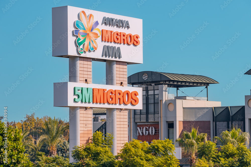 5 November 2022, Antalya, Turkey: Entrance signboard to Migros ...