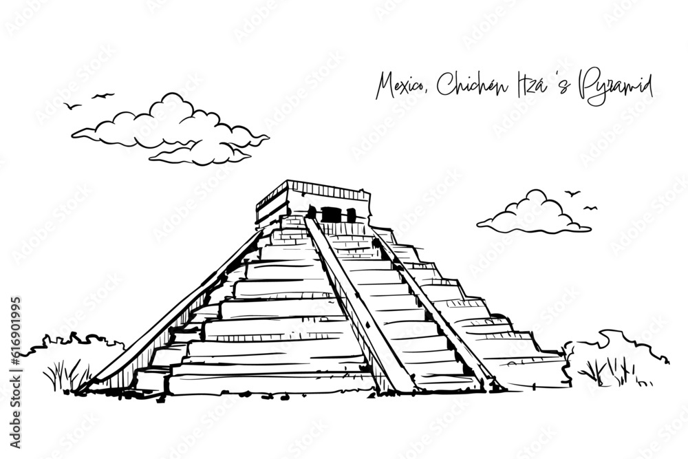 Poster Mexico, Chichén Itzá ‘s Pyramid with hand drawing concept, print ...