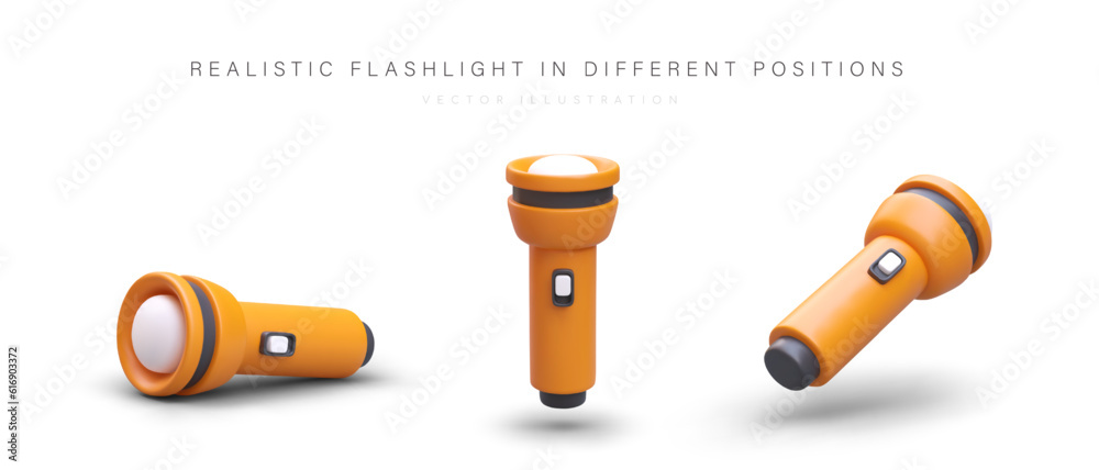 Realistic handheld flashlight in different positions. Modern lighting ...