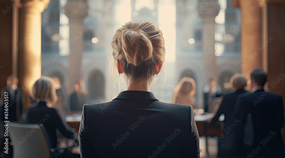 back view of women sitting apart at office table, she's working or ...