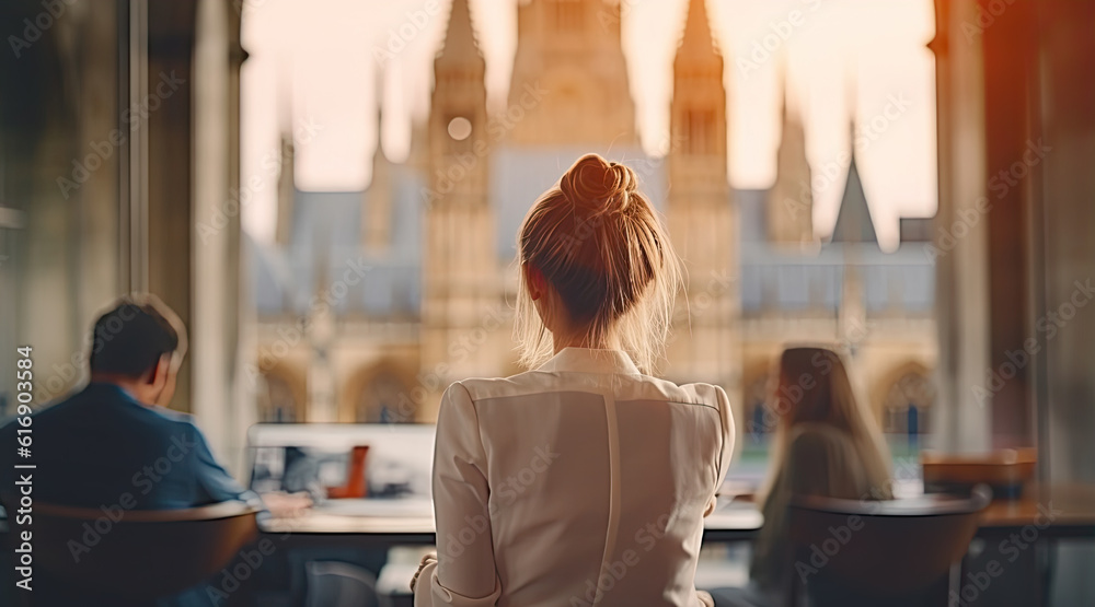 back view of women sitting apart at office table, she's working or ...