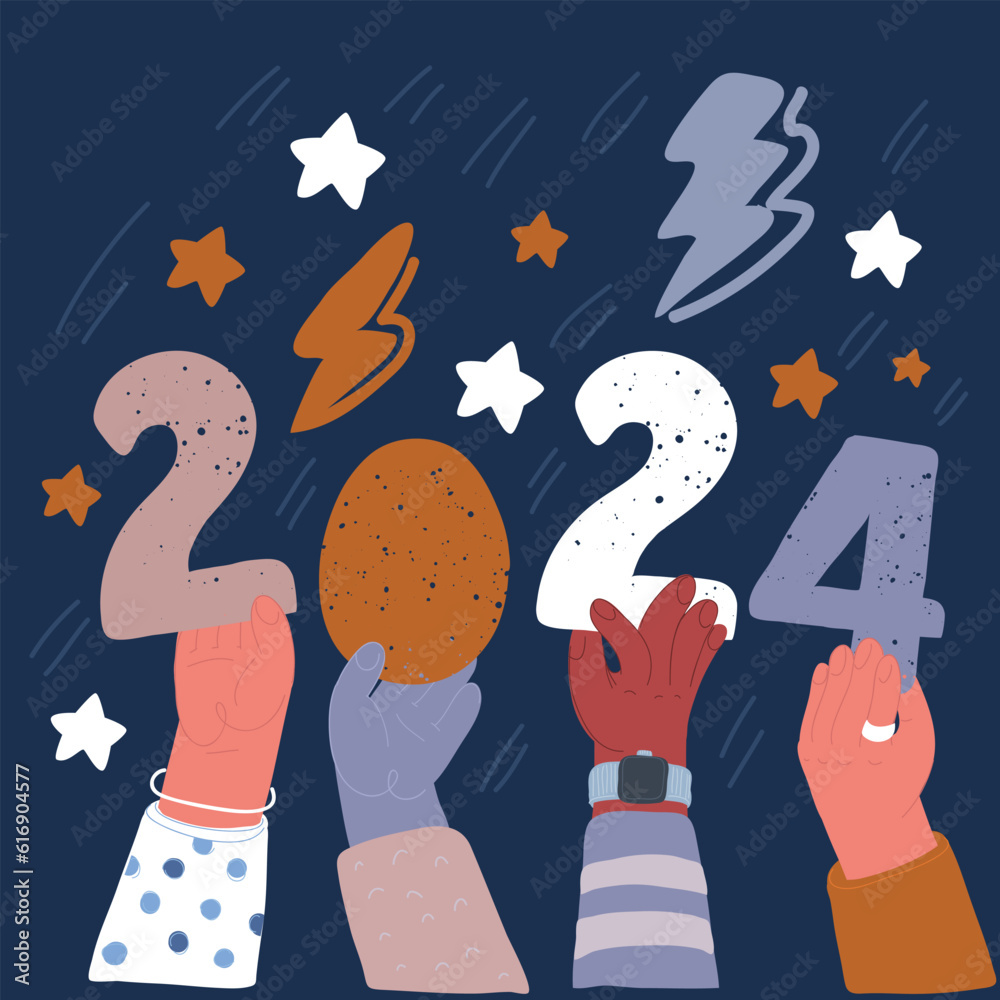 Cartoon vector illustration of Hand holds 2024. Holiday concept ...