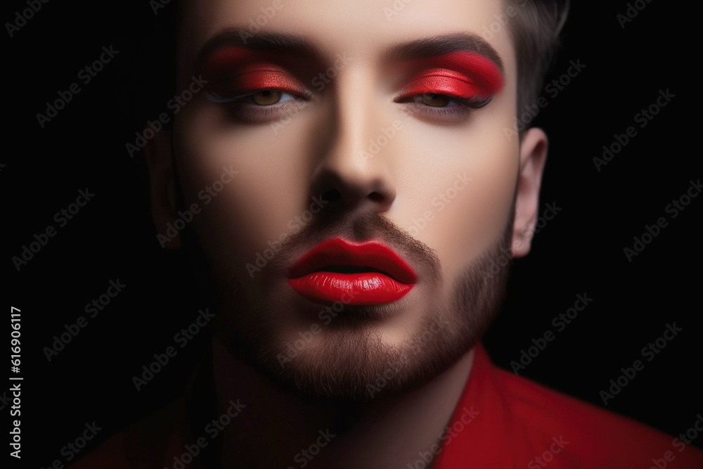 transgender gay man with red lipstick lips. Male bearded face with ...