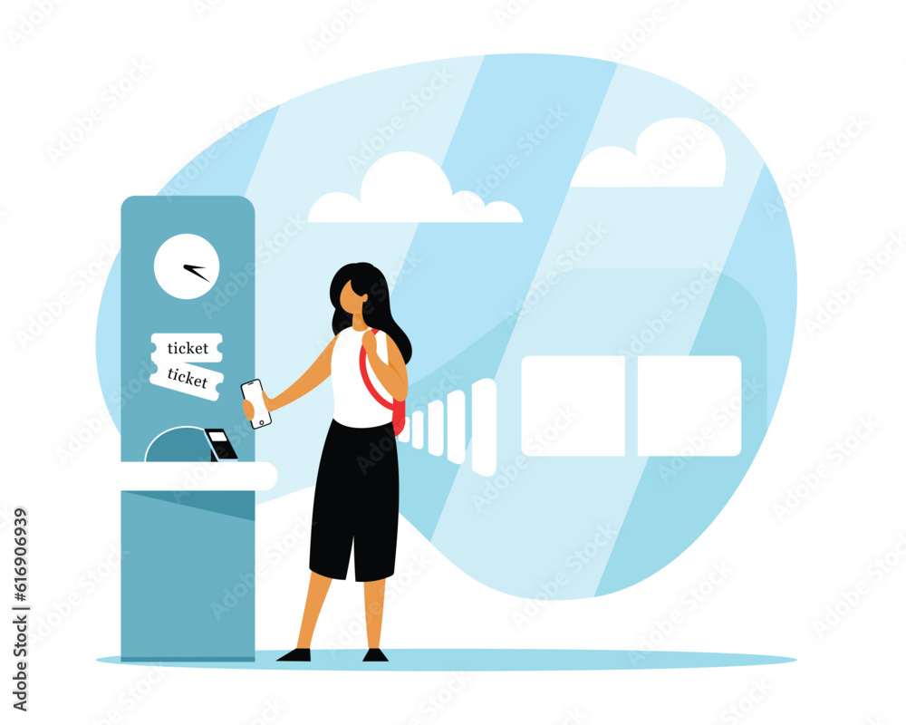 Tourist girl pays with cell phone for train ticket at self service ...