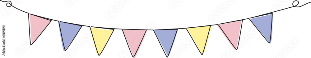 continuous single line drawing of bunting garland, pastel colored ...