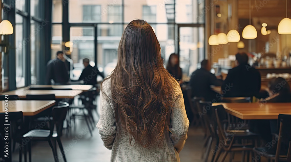 back view of woman sitting apart at cafe table, she's working or ...