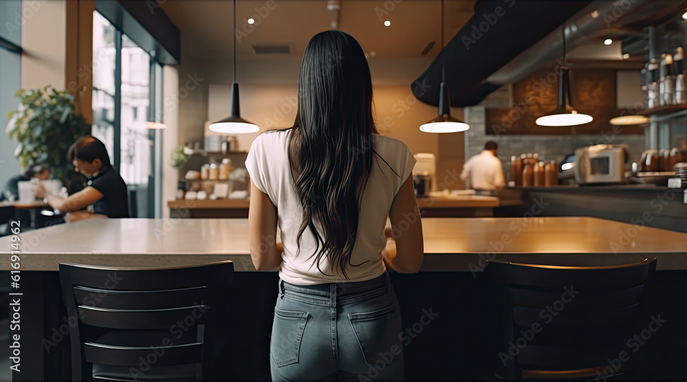 back view of woman sitting apart at cafe table, she's working or ...