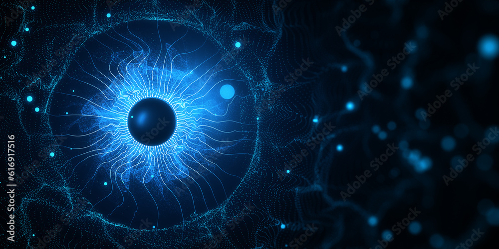 Abstract digital blue eye iris on blurry tech background. Technology ...