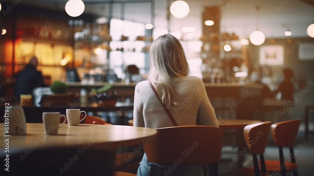 back view of woman sitting apart at cafe table, she's working or ...