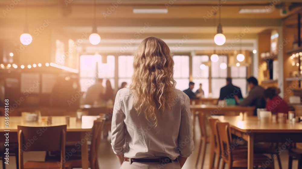 back view of woman sitting apart at cafe table, she's working or ...