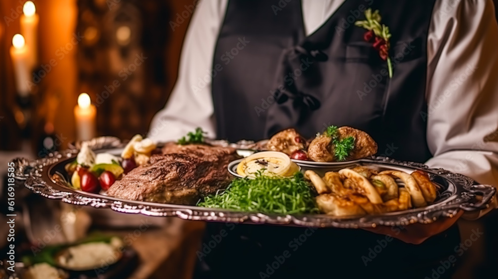 Luxury food service, main course served at a restaurant or formal ...