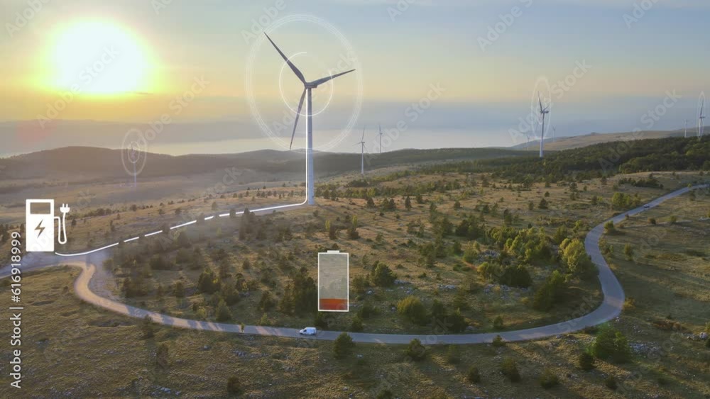 Electric car driving to a wind turbine powered charging station - VFX ...