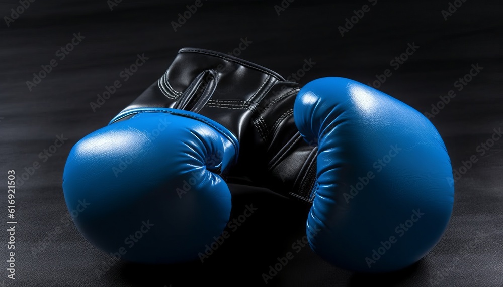 Blue and black boxing gloves on a black background. Free space for text ...
