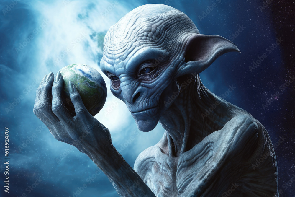 Evil Gray Alien from Other Worlds Holding in His Hands Earth Globe ...