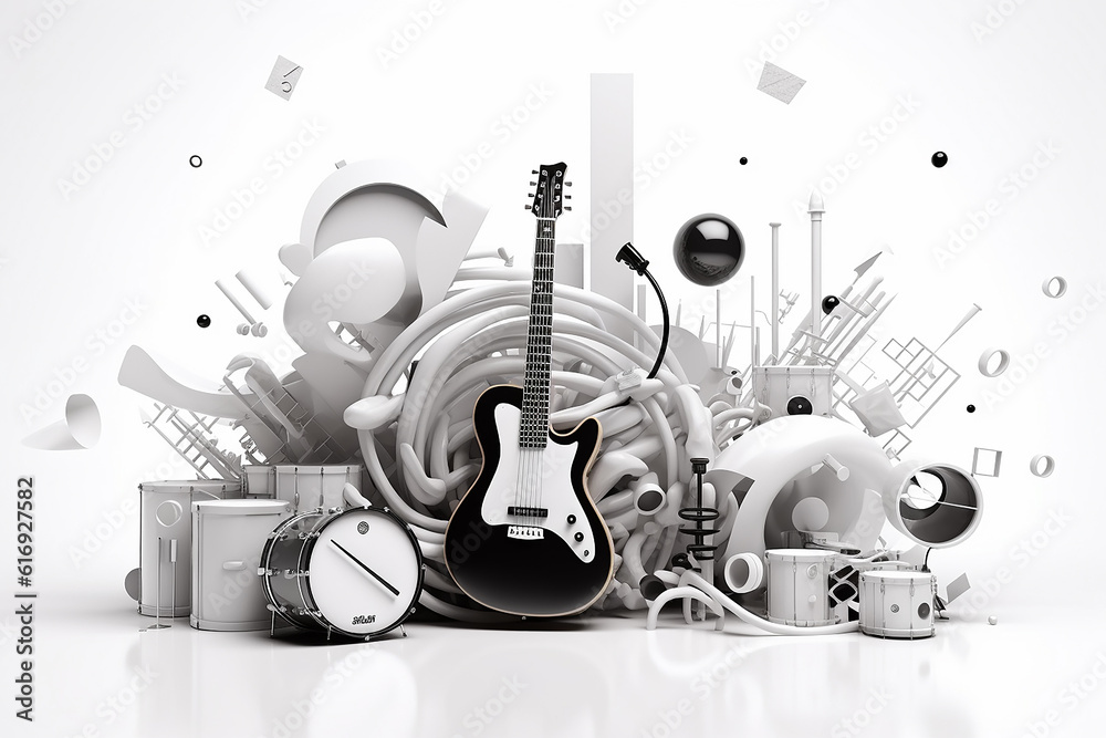 white background musical style theme abstract musical instruments 3d ...