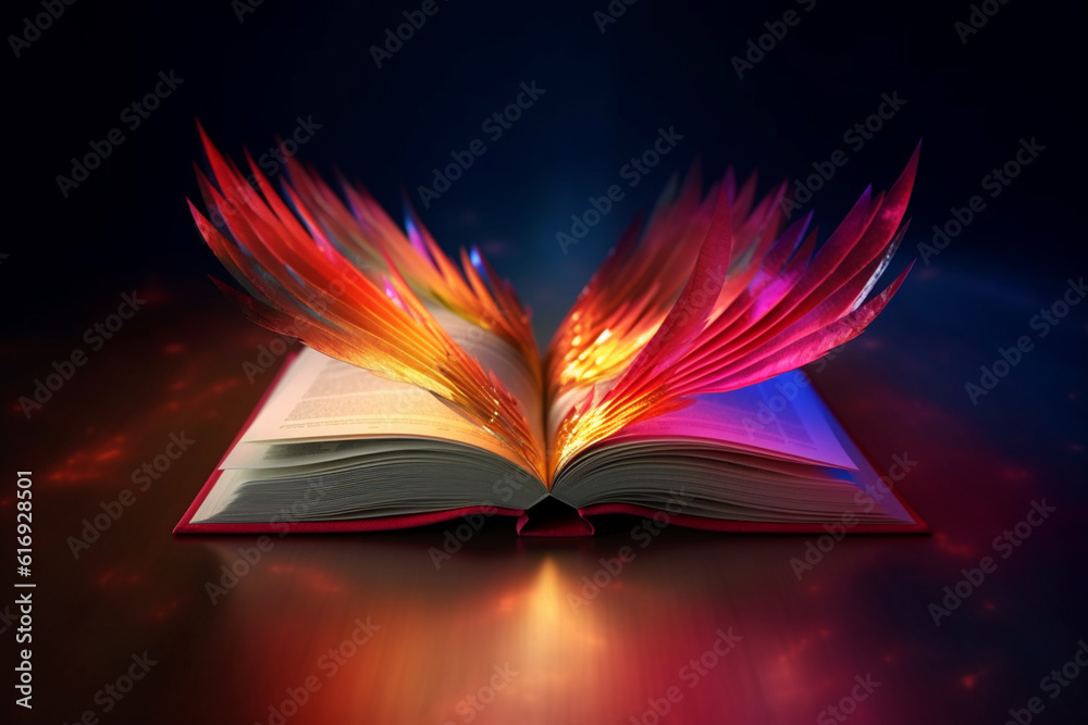 A digital composition of a book with pages unfolding like wings ...