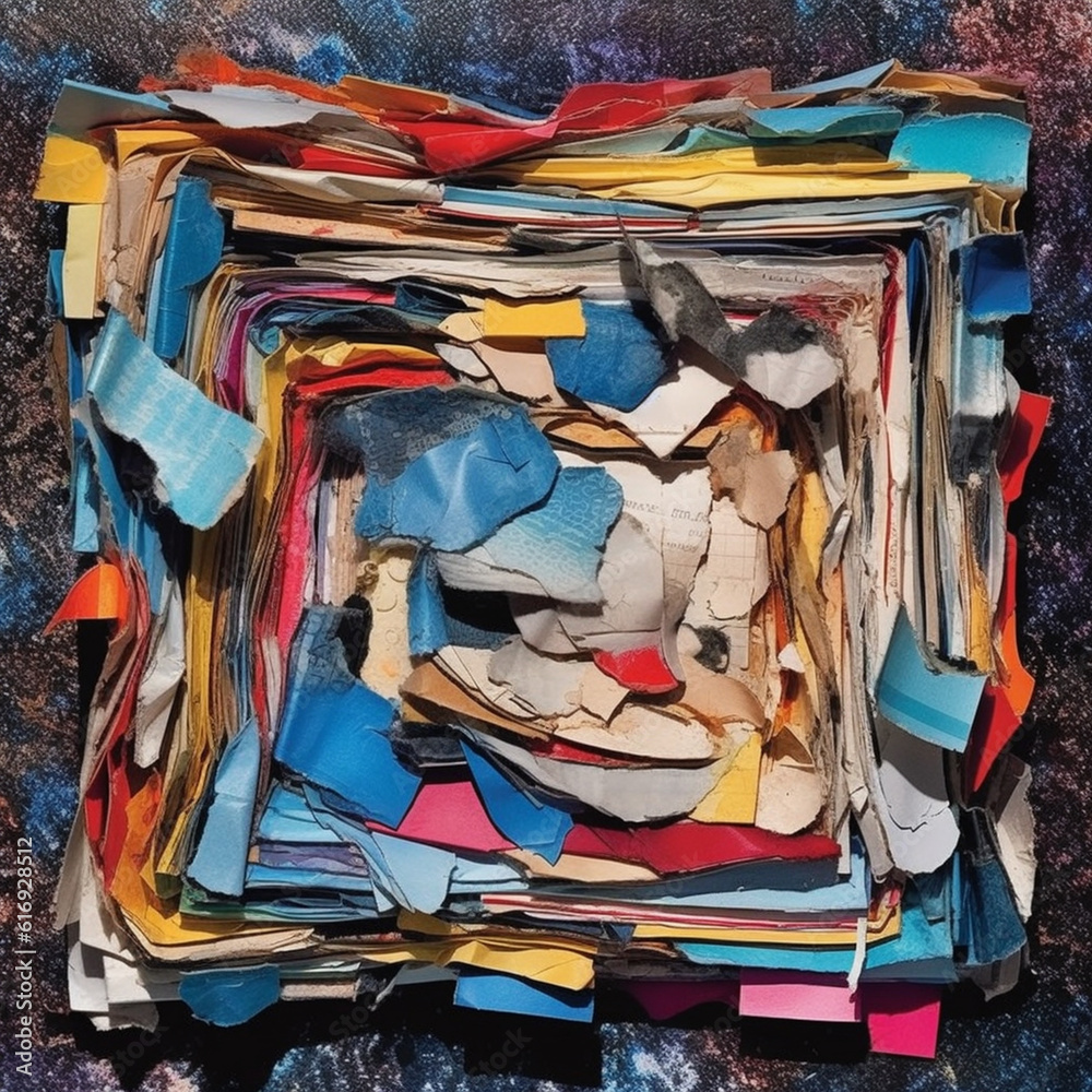 An abstract collage of torn book pages arranged in a visually striking ...