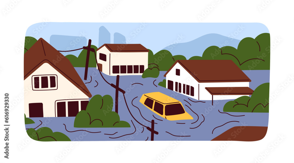 Flood, natural disaster. Drowned houses, car and trees sinking under ...