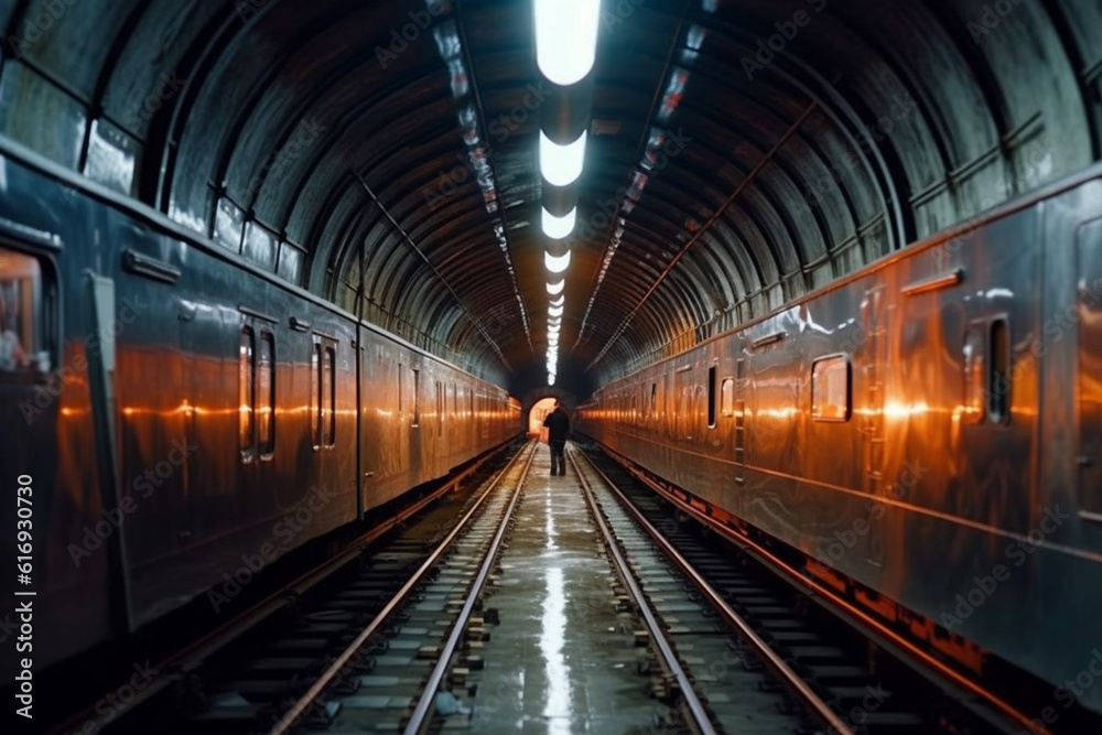 the movement of subway trains in an underground tunnel, showcasing the ...