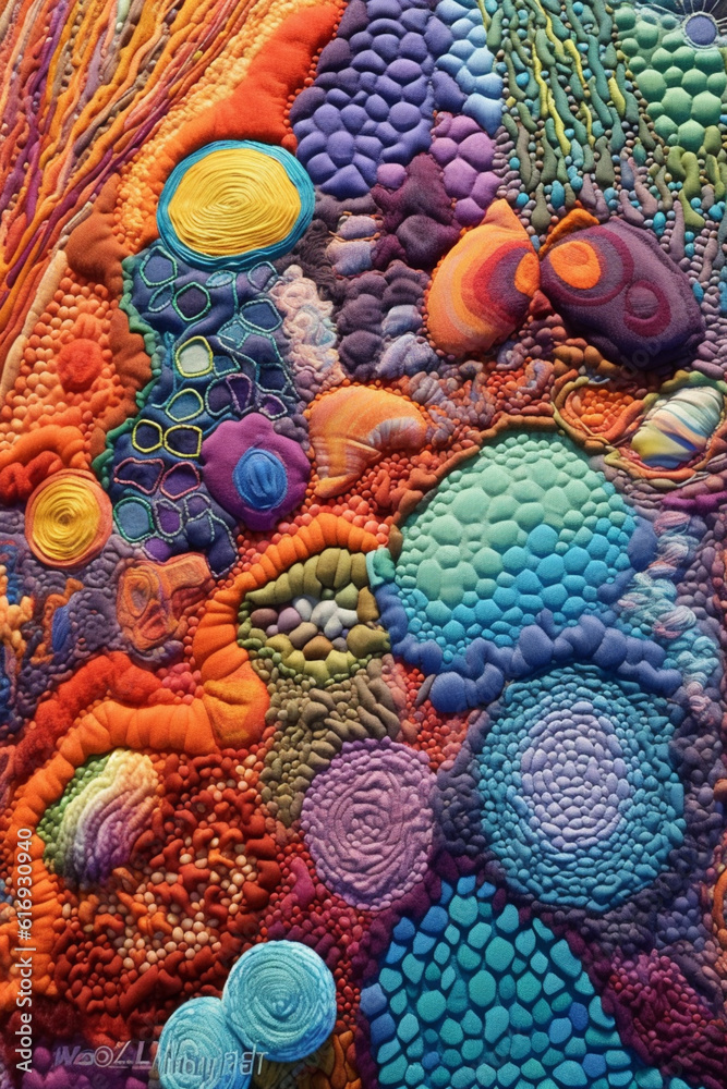 An abstract textile artwork featuring vibrant colors, intricate ...