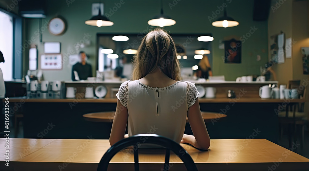 back view of woman sitting apart at cafe table, she's working or ...