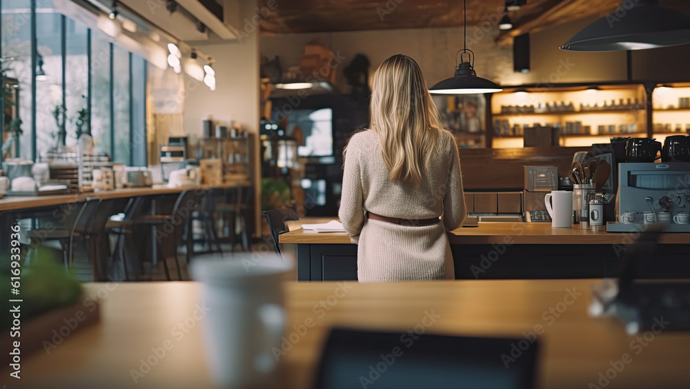 back view of woman sitting apart at cafe table, she's working or ...