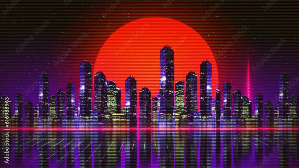Neon retro city background. Futuristic city 80s 90s in style synthwave ...