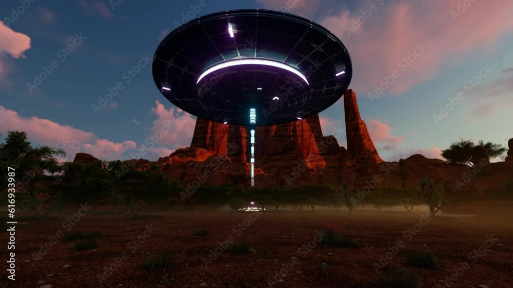 3D cgi UFO mining in a desert area, timelapse vídeo do Stock | Adobe Stock