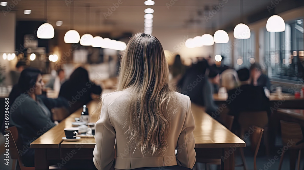back view of woman sitting apart at cafe table, she's working or ...