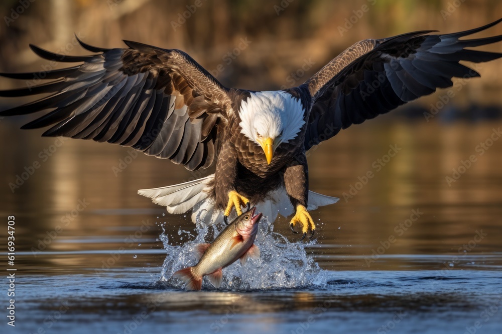 American Bald Eagle captured in flight attacking a fish in a pond Stock ...