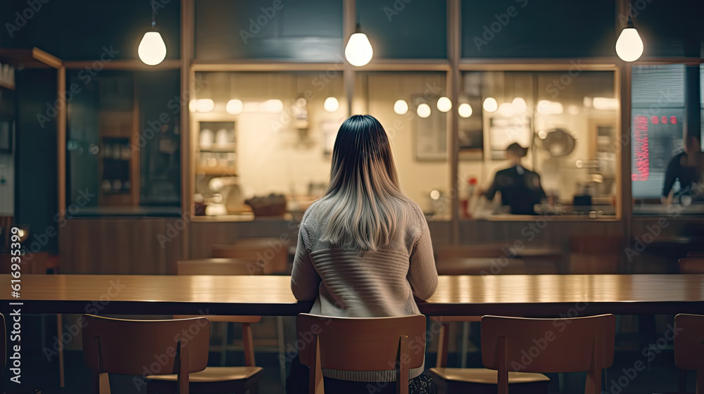 back view of woman sitting apart at cafe table, she's working or ...