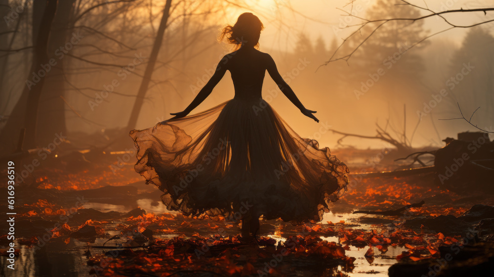 Romantic woman shadow silhouette dancing with wide dress that glow by ...