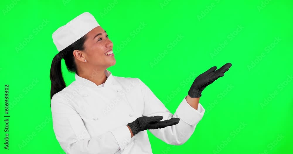 Green screen, happy woman and chef hand pointing to checklist, menu and ...