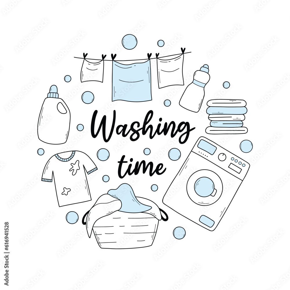 Vecteur Stock Set of laundry items in doodle style. Linear collection of laundry items. Vector ...