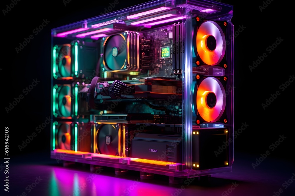 An atmospheric shot of a cryptocurrency mining rig illuminated by ...