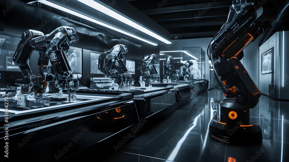 Advanced robotics lab with a line up of AI-powered robots, fluorescent ...