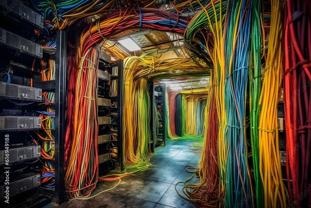 Photo & Art Print A server room filled with exposed wiring and a tangle ...