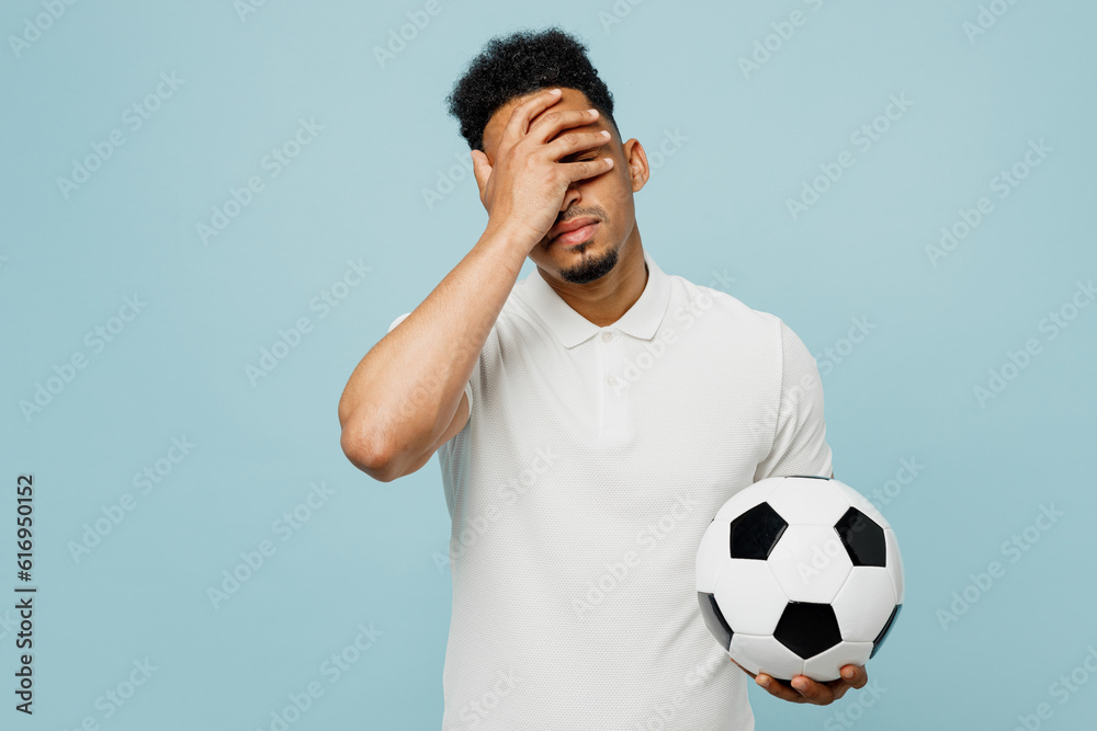 Young man fan wear t-shirt put hand on face facepalm fail mistaken ...