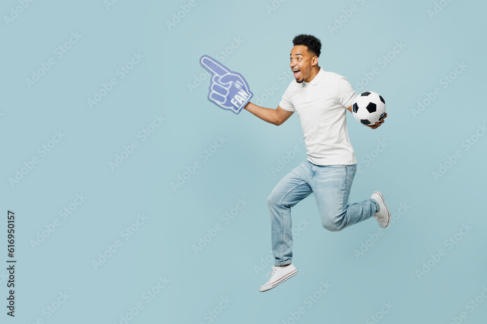 Full body young man fan wear basic t-shirt foam 1 fan glove finger up ...