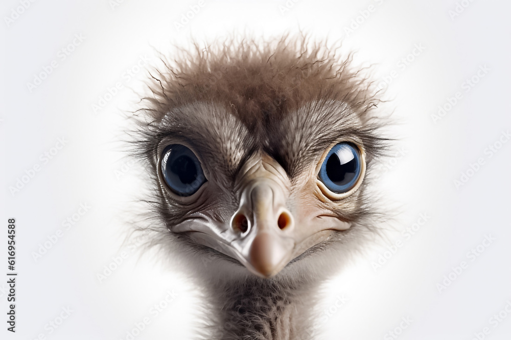 Against a clean white background, a baby ostrich basks in the soft ...
