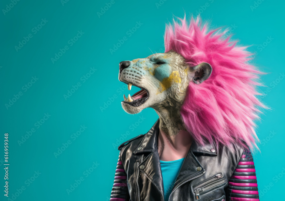 Punk rock lion dressed as a fashion model agains minimal studio ...