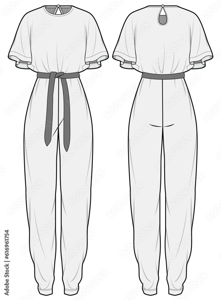 Round Neck Kimono Jumpsuit, Batwing Sleeve Jumpsuit Front and Back View ...