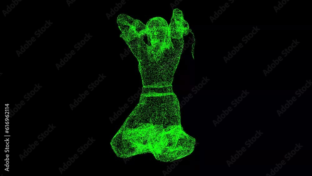 3D samurai rotates on black bg. A samurai sits on his knees and ties a ...