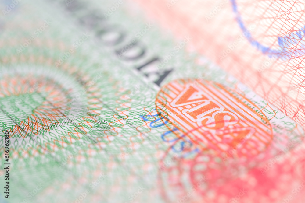 close-up part of page of document, foreign passport for travel with ...