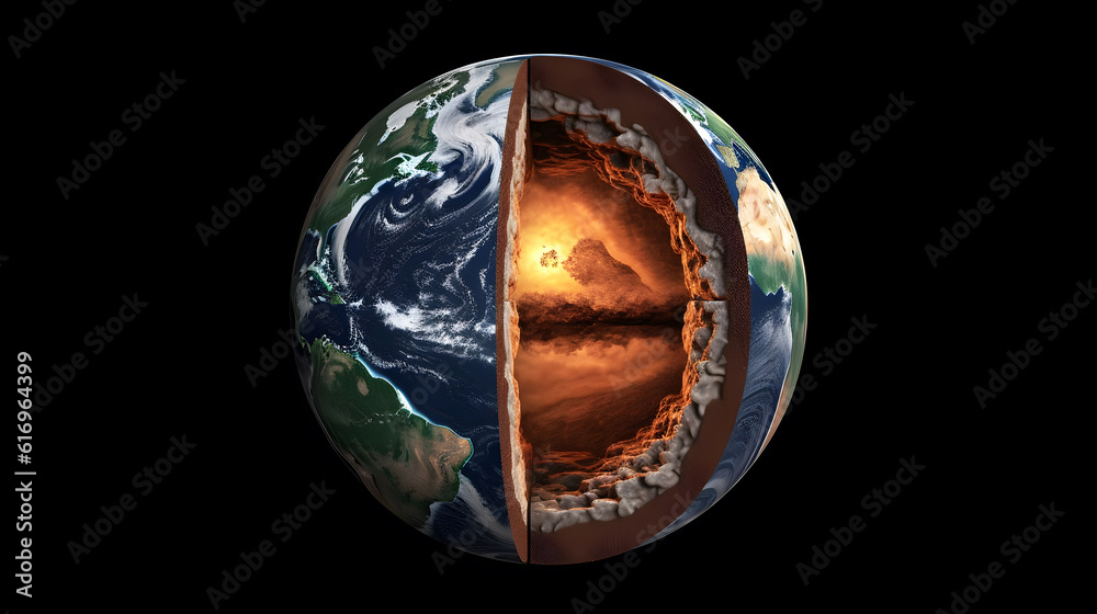 Earth globe split open view the core inside of fire created with ...