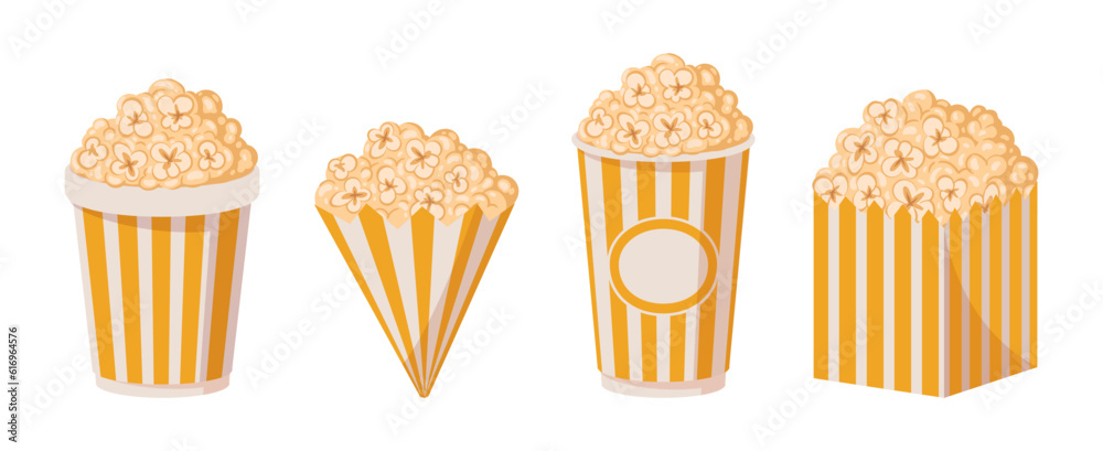 Vetor de Striped popcorn buckets. Cartoon yellow popcorn cups, popcorn ...
